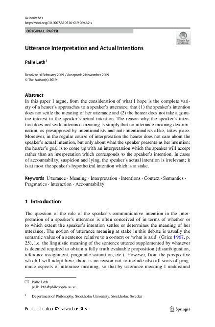 (PDF) Utterance Interpretation and Actual Intentions