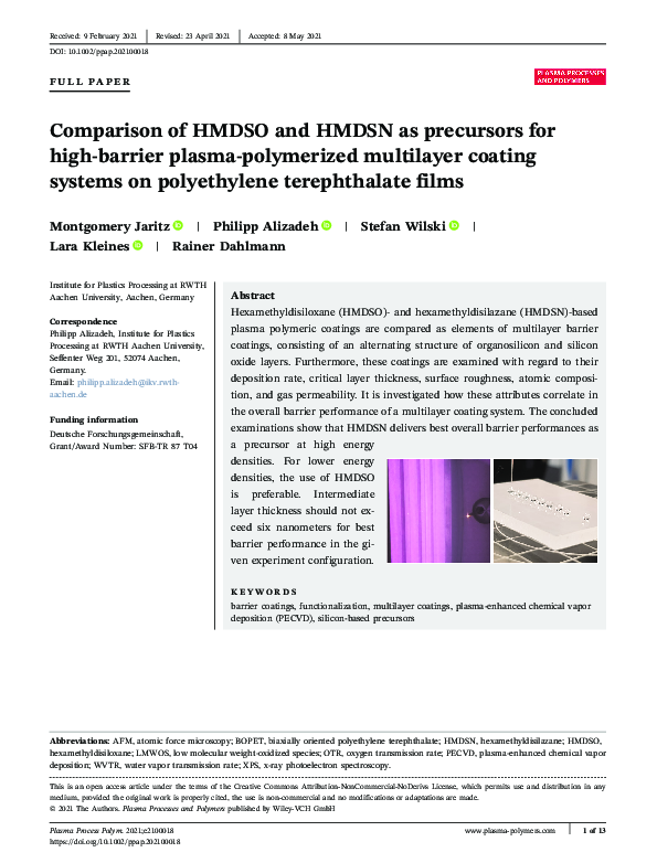 (PDF) Comparison of HMDSO and HMDSN as precursors for high‐barrier ...