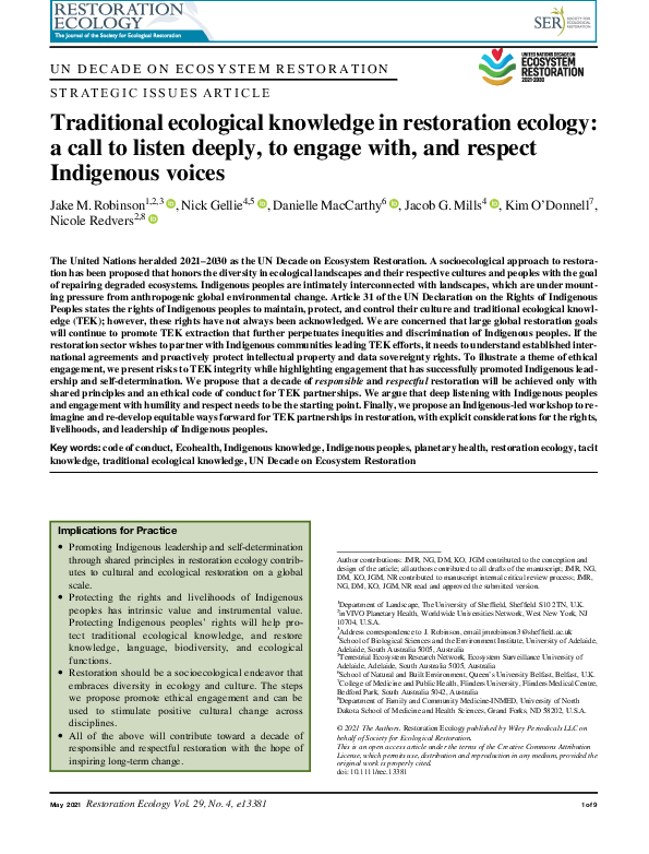 (PDF) Traditional ecological knowledge in restoration ecology: a call ...