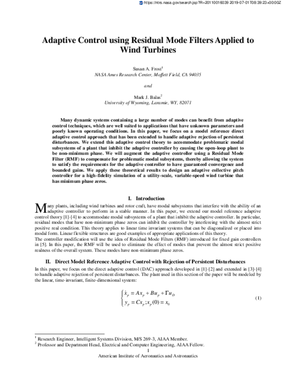 (PDF) Adaptive Control using Residual Mode Filters Applied to Wind Turbines | Mark Balas ...