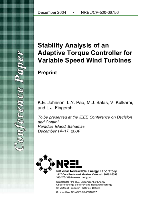 (PDF) Stability analysis of an adaptive torque controller for variable speed wind turbines