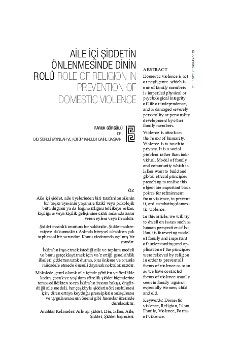 (PDF) Ai̇le İçi̇ Și̇ddeti̇n Önlenmesi̇nde Di̇ni̇n Rolü