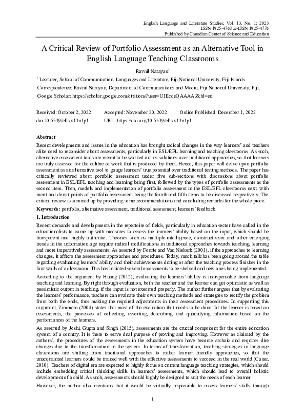 (PDF) A Critical Review of Portfolio Assessment as an Alternative Tool ...