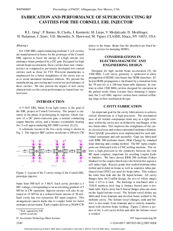 Pdf Fabrication And Performance Of Superconducting Rf Cavities For The Cornell Erl Injector