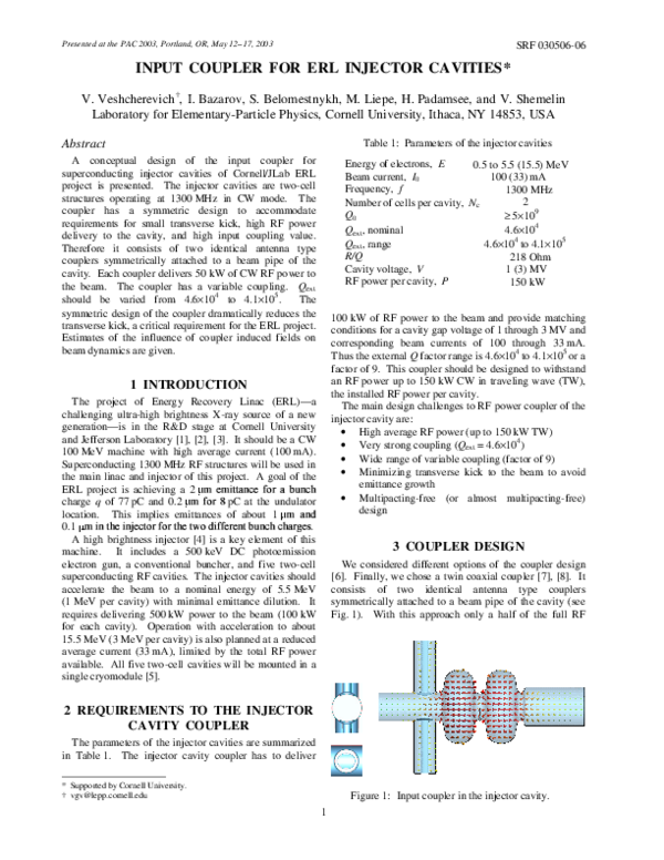 (PDF) Input coupler for ERL injector cavities