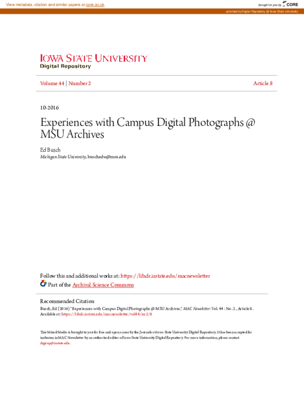 (PDF) Experiences with Campus Digital Photographs @ MSU Archives