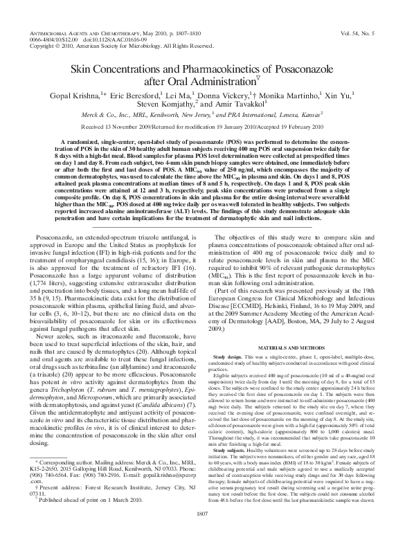 (PDF) Skin Concentrations and Pharmacokinetics of Posaconazole after ...