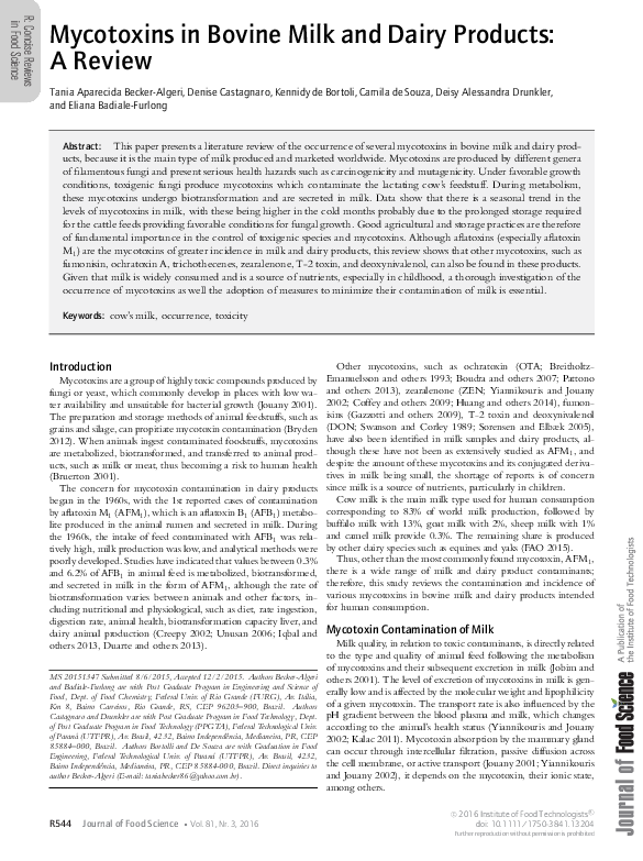 (PDF) Mycotoxins in Bovine Milk and Dairy Products: A Review