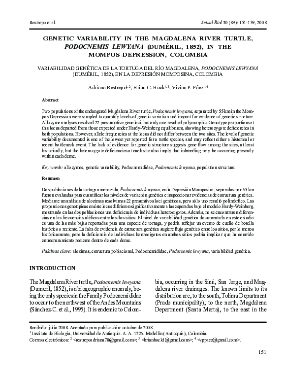 (PDF) Genetic Variability in the Magdalena River Turtle, Podocnemis ...