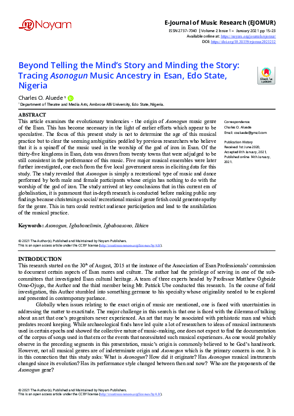 (PDF) Beyond Telling the Mind’s Story and Minding the Story: Tracing Asonogun Music Ancestry in ...