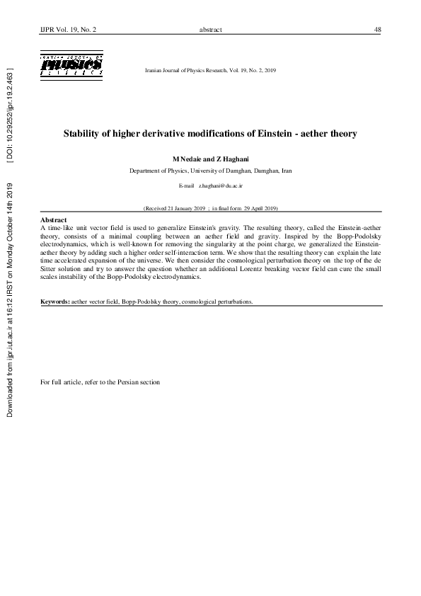 (PDF) Stability of higher derivative modifications of Einstein - aether ...