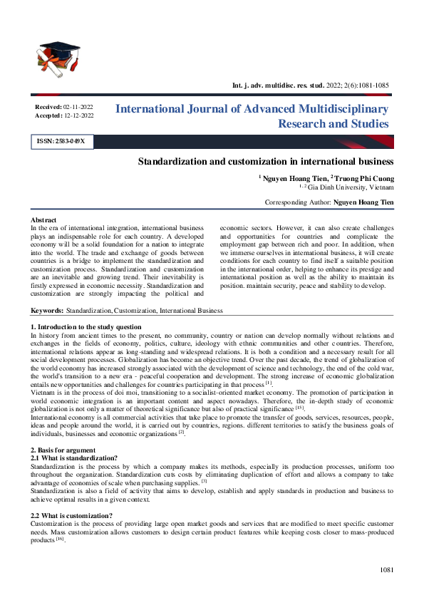 (PDF) Standardization and customization in international business