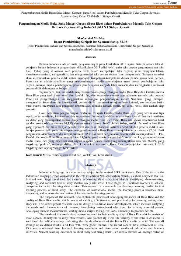 (PDF) Pengembangan Media Buku Saku Materi Cerpen (Busa Rice) dalam ...