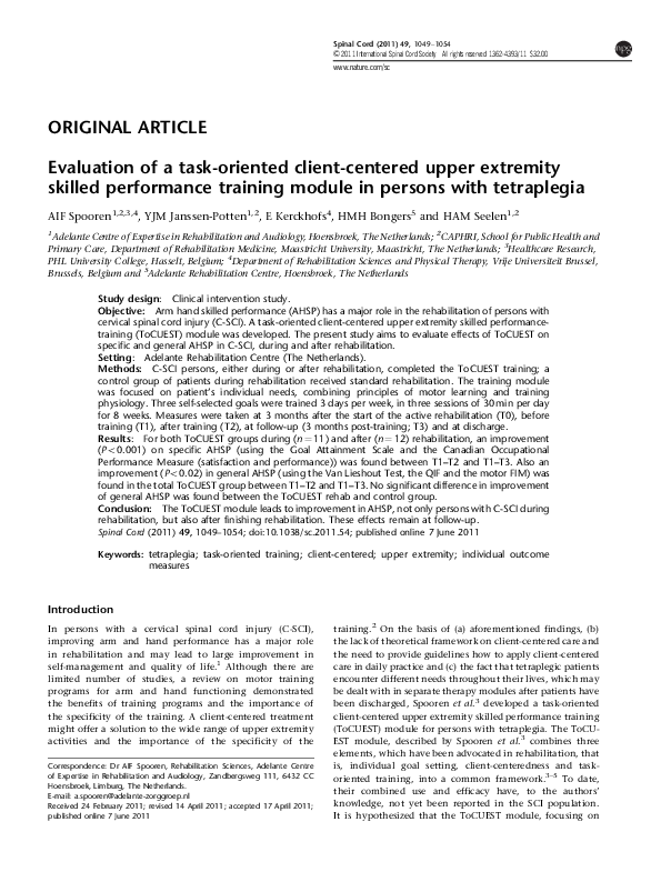 Pdf Evaluation Of A Task Oriented Client Centered Upper Extremity
