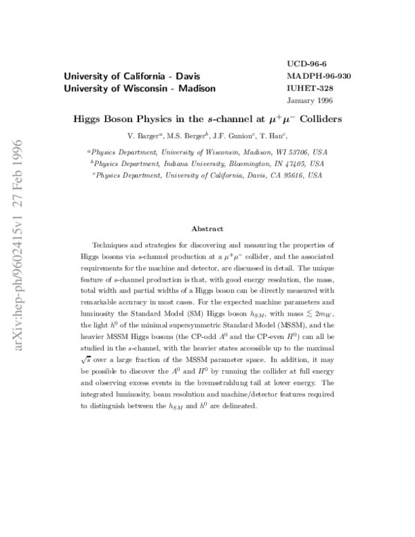(PDF) Higgs boson physics in the s-channel at μ+μ− colliders | Vernon ...