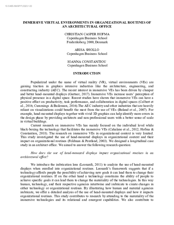 (PDF) Immersive Virtual Environments in Organizational Routines of an Architectural Office