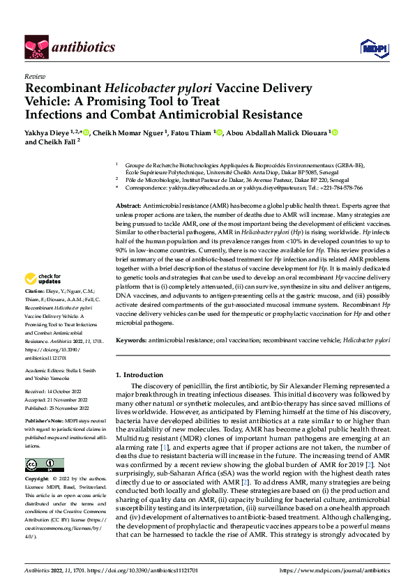 (PDF) Recombinant Helicobacter pylori Vaccine Delivery Vehicle: A ...