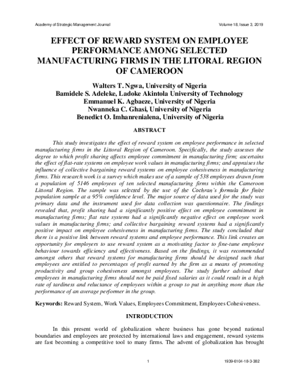 (PDF) Effect of Reward System on Employee Performance among Selected Manufacturing Firms in the ...
