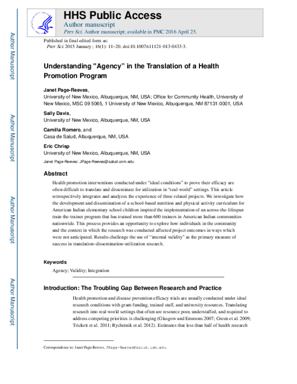 (PDF) Understanding “Agency” in the Translation of a Health Promotion ...