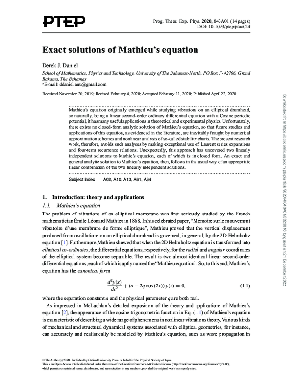 (PDF) Exact solutions of Mathieu’s equation