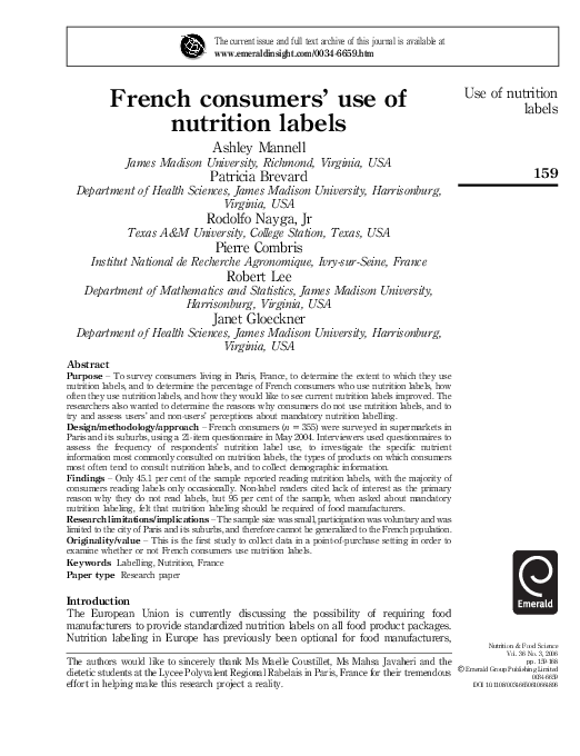 (PDF) French consumers' use of nutrition labels