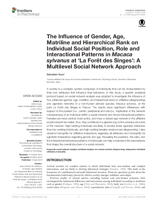 (PDF) The Influence of Gender, Age, Matriline and Hierarchical Rank on Individual Social ...