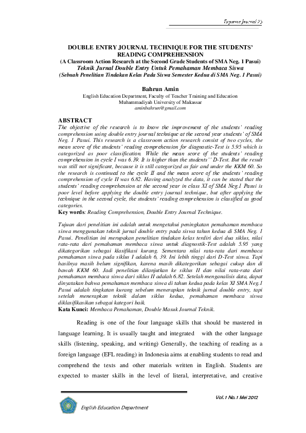 (PDF) Double Entry Journal Technique for the Students’ Reading ...