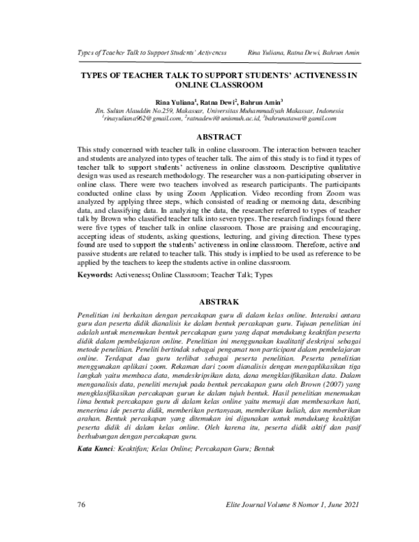 (PDF) Types of Teacher Talk to Support Students’ Activeness in Online Classroom | Bahrun Amin ...