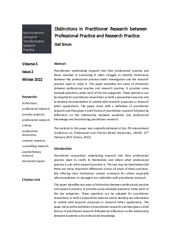 (PDF) Distinctions in Practitioner Research between Professional ...
