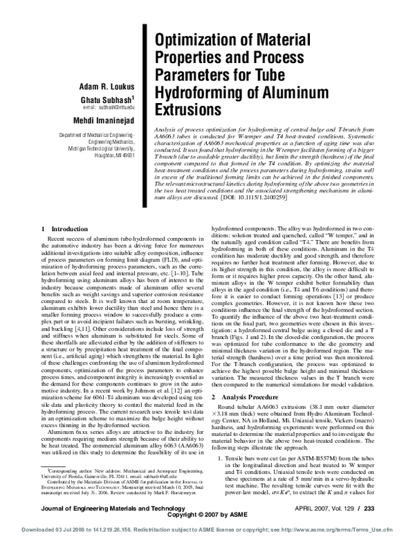 (PDF) Optimization of Material Properties and Process Parameters for Tube Hydroforming of ...