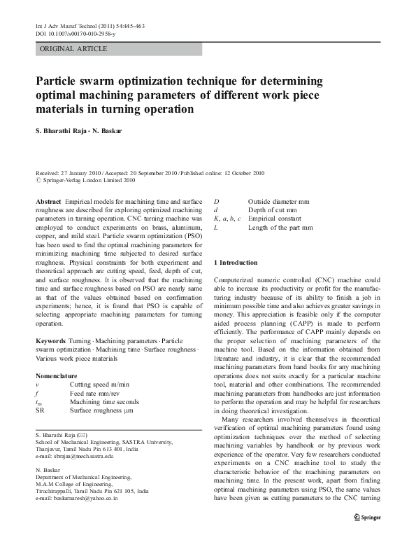 Pdf Optimizing Turning Parameters With Pso