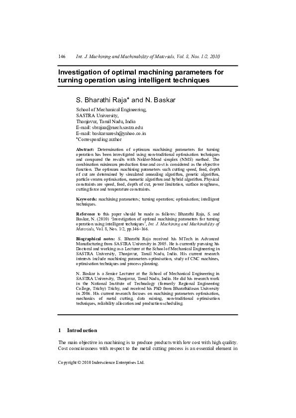 Pdf Investigation Of Optimal Machining Parameters For Turning