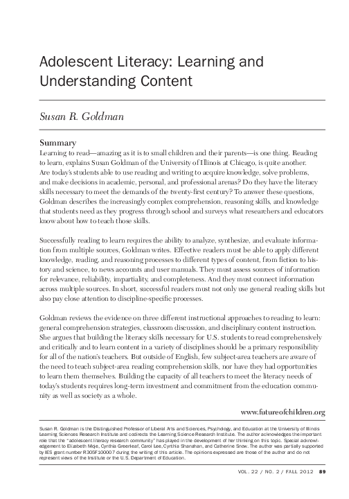 (PDF) Adolescent Literacy: Learning and Understanding Content