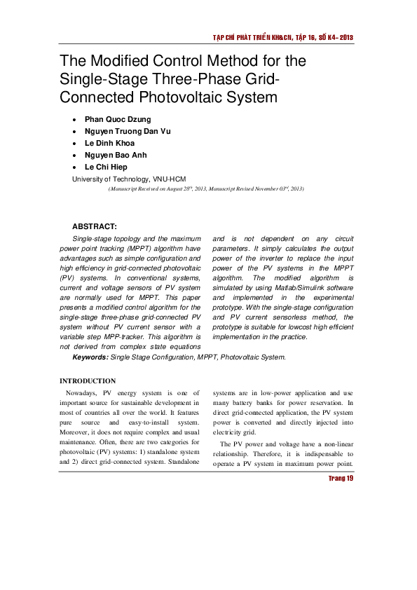 (PDF) The Modified Control Method for the Single-Stage Three-Phase GridConnected Photovoltaic System