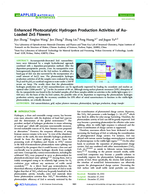 (PDF) Enhanced Photocatalytic Hydrogen Production Activities of Au-Loaded ZnS Flowers