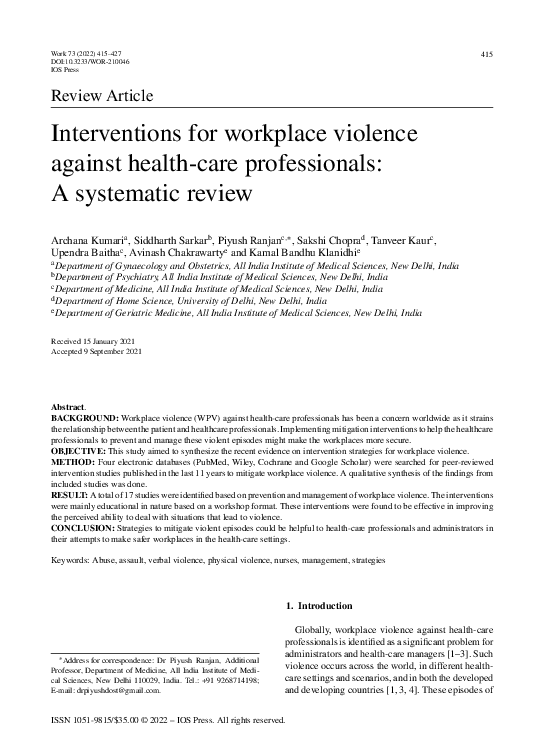 (PDF) Interventions for workplace violence against health-care ...
