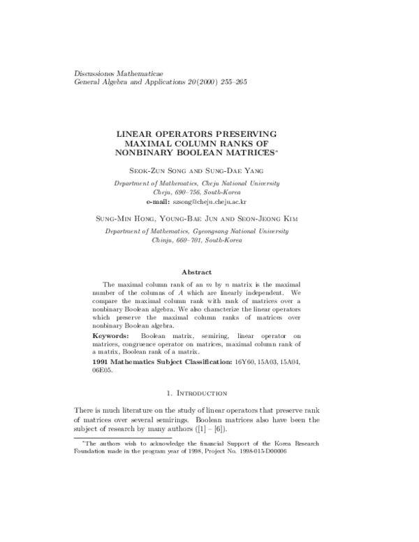 Pdf Linear Operators Preserving Maximal Column Ranks Of Nonbinary Boolean Matrices Han Guk