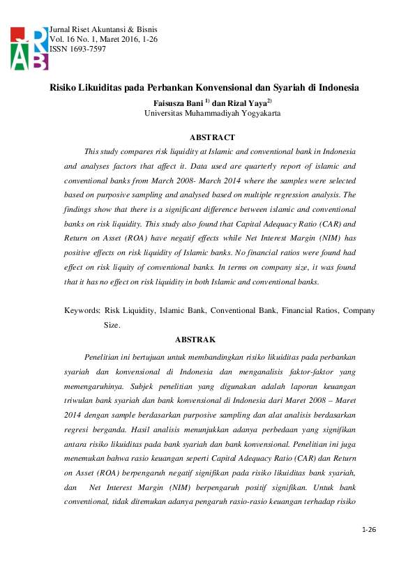 (PDF) Risiko Likuiditas pada Perbankan Konvensional dan Syariah di Indonesia
