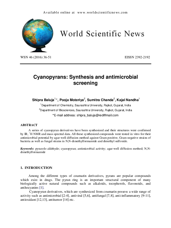 (PDF) Cyanopyrans: Synthesis and antimicrobial screening