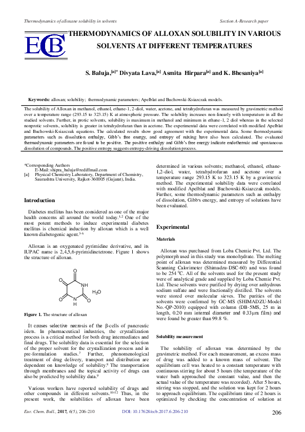 (PDF) Thermodynamics of Alloxan solubility in various solvents at ...