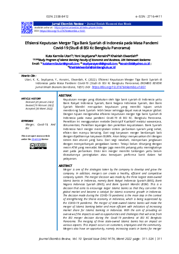 (PDF) Efisiensi Keputusan Merger Tiga Bank Syariah di Indonesia pada Masa Pandemi Covid-19 ...
