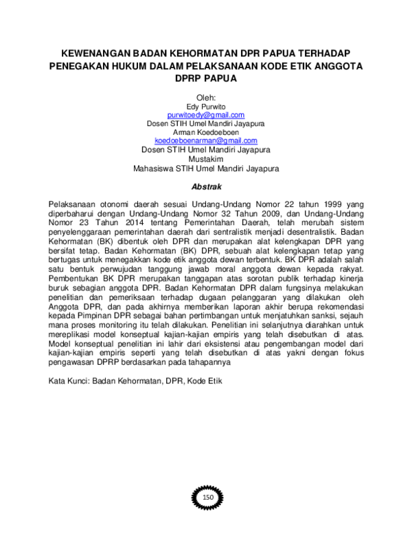 (PDF) Kewenangan Badan Kehormatan DPR Papua Terhadap Penegakan Hukum ...
