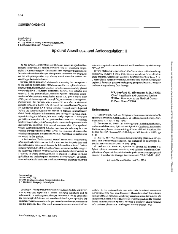 (PDF) Epidural Anesthesia and Anticoagulation | Sanford Silverman ...