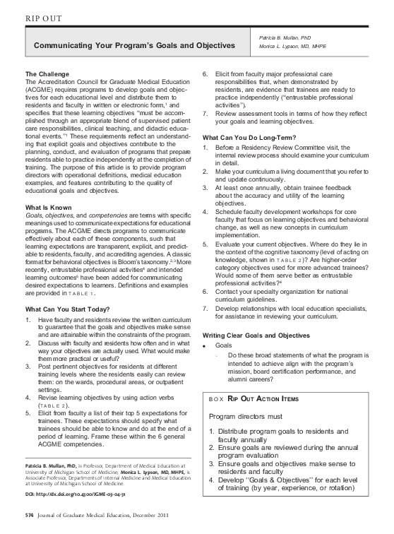 (PDF) Communicating Your Program's Goals and Objectives