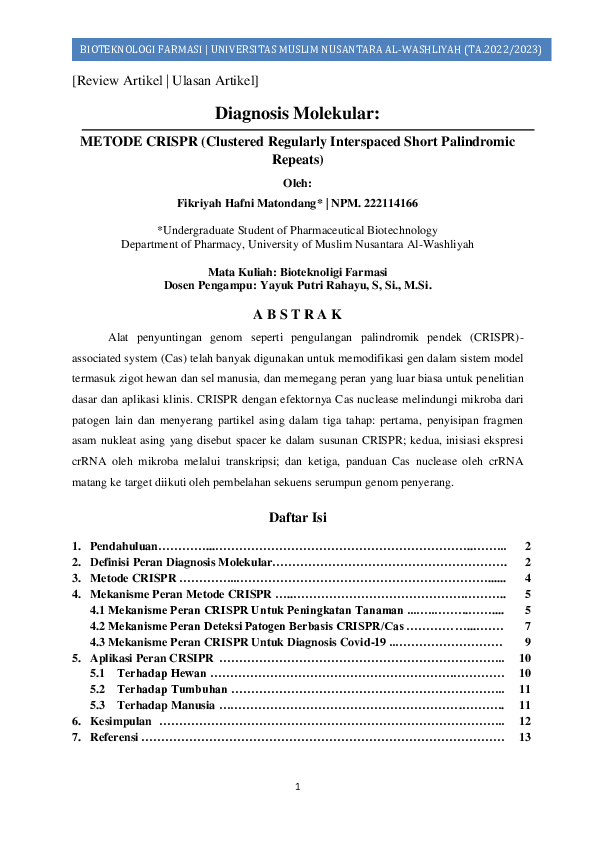 (PDF) Diagnosis Molekular: METODE CRISPR (Clustered Regularly Interspaced Short Palindromic ...
