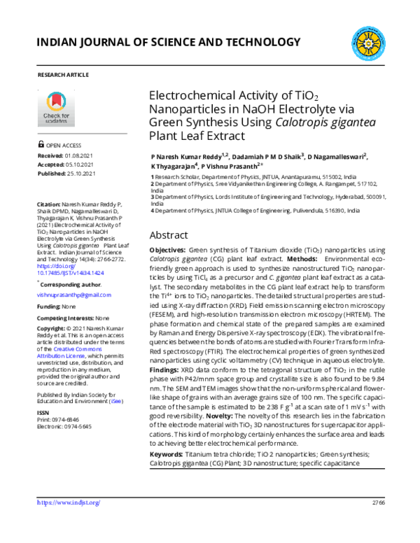 Pdf Electrochemical Activity Of Tio2 Nanoparticles In Naoh Electrolyte Via Green Synthesis