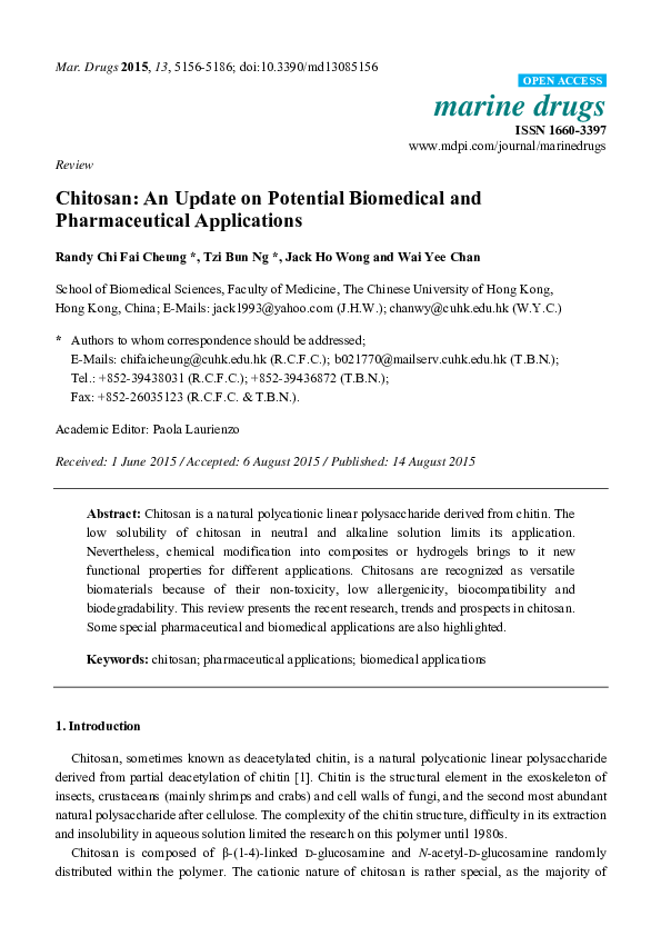 (PDF) Chitosan: An Update on Potential Biomedical and Pharmaceutical Applications