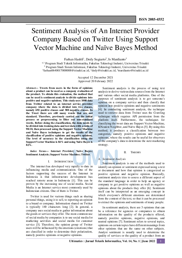 Pdf Sentiment Analysis Of An Internet Provider Company Based On Twitter Using Support Vector