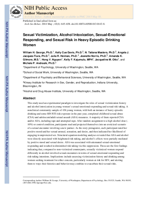 (PDF) Sexual Victimization, Alcohol Intoxication, Sexual-Emotional ...
