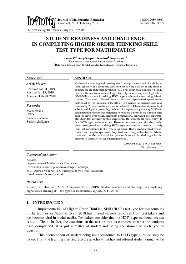 (PDF) Student Readiness and Challenge in Completing Higher Order ...